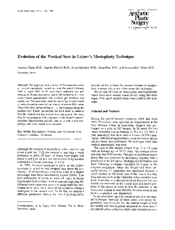 (PDF) Evolution of the vertical scar in Lejour's mastoplasty technique