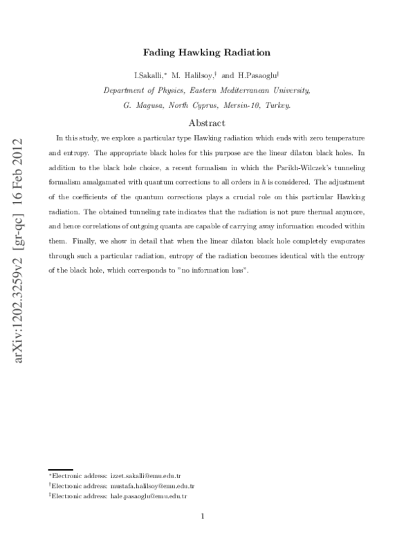 (PDF) Fading Hawking Radiation