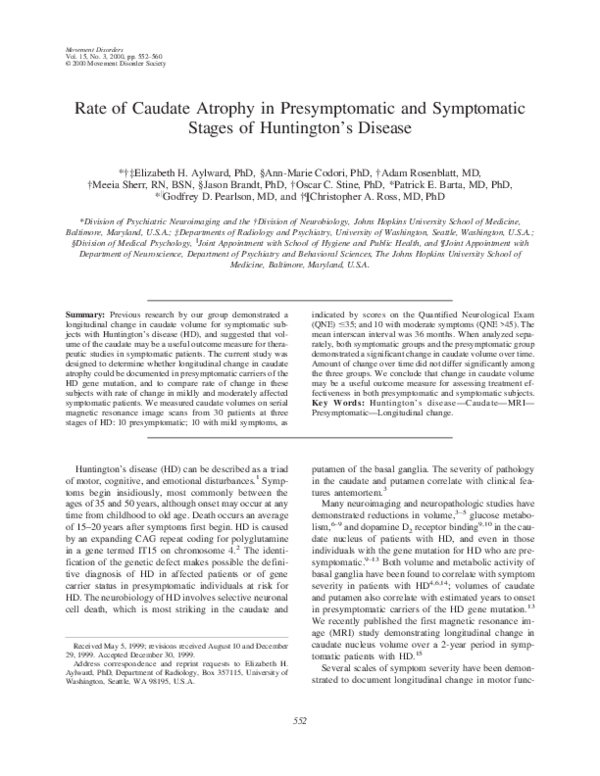(PDF) Rate of caudate atrophy in presymptomatic and symptomatic stages ...