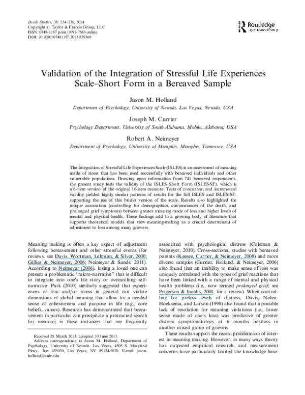 (PDF) Validation of the Integration of Stressful Life Experiences Scale ...