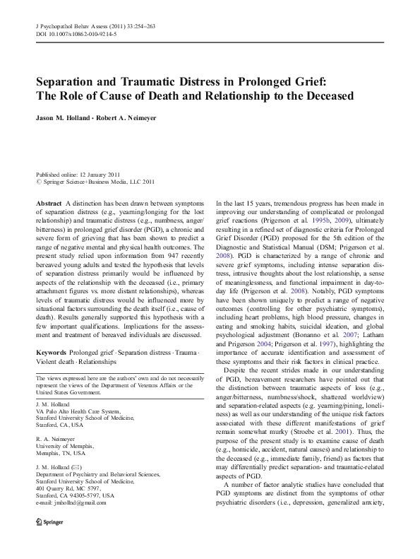 (PDF) Separation and Traumatic Distress in Prolonged Grief: The Role of ...