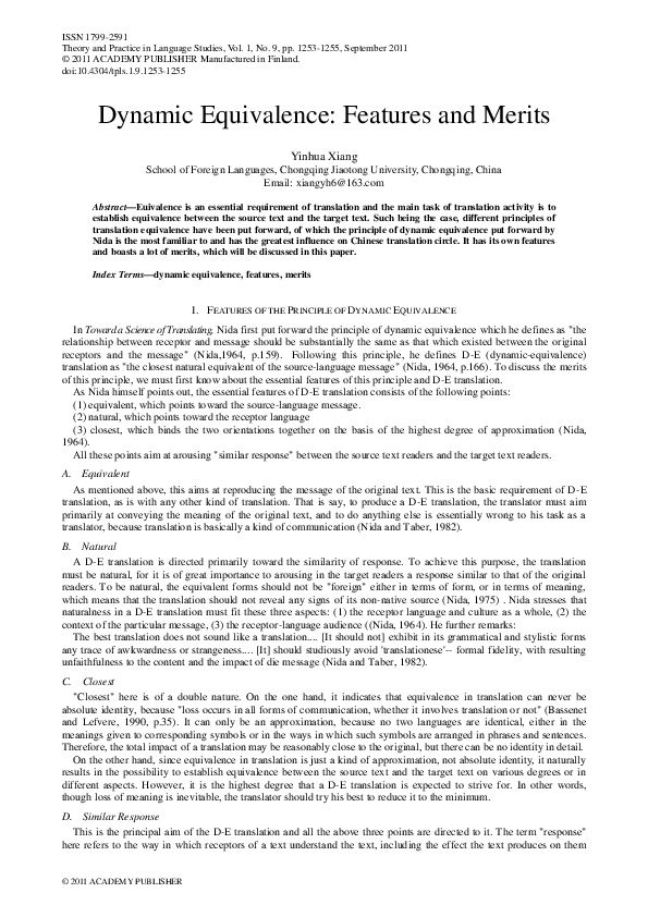 (PDF) Dynamic Equivalence: Features and Merits