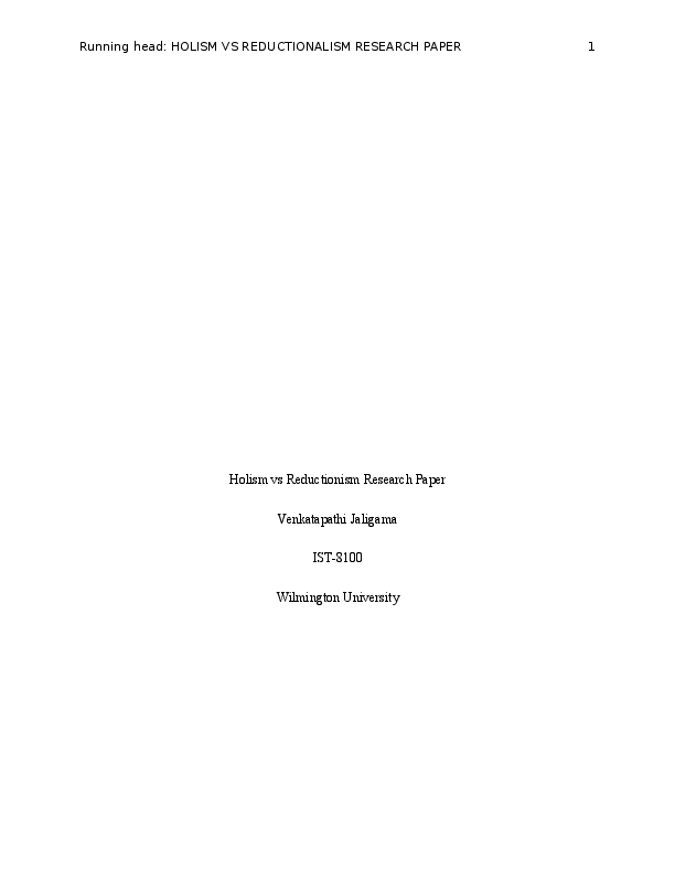 Holism Vs Reductionism Research Paper