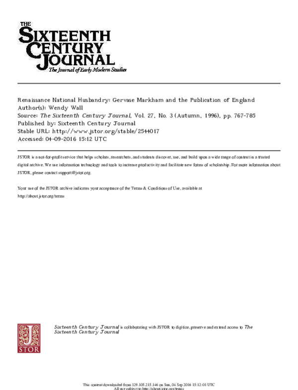 (PDF) Renaissance National Husbandry: Gervase Markham and the ...