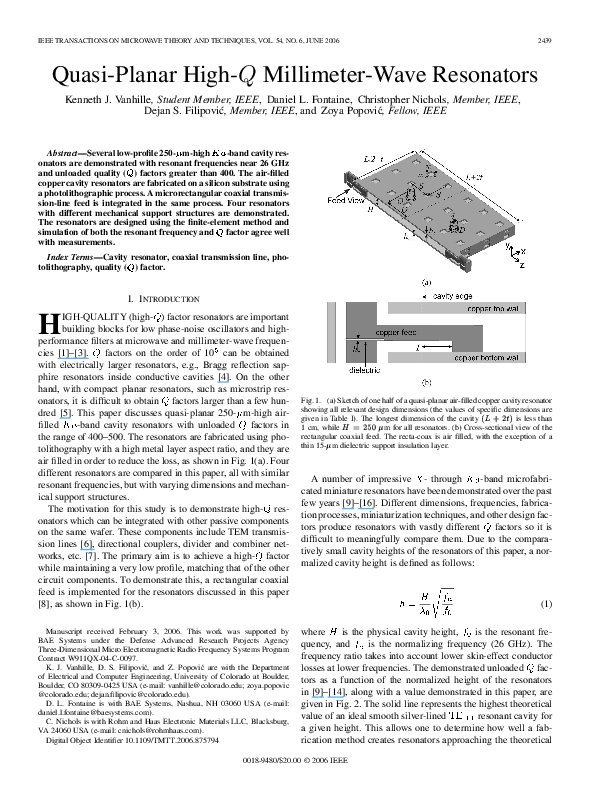 (PDF) Quasi-planar high-Q millimeter-wave resonators | Zoya Popovic ...