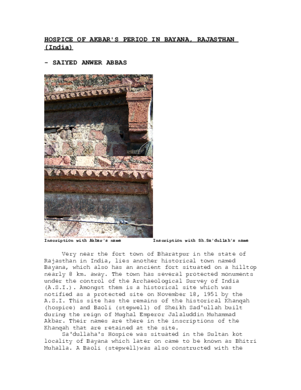 (DOC) Hospice of Akbar's period in Bayana, Rajasthan.rtf