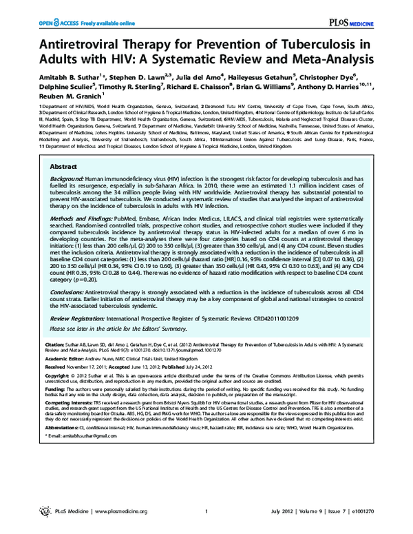 (PDF) Antiretroviral Therapy for Prevention of Tuberculosis in Adults ...