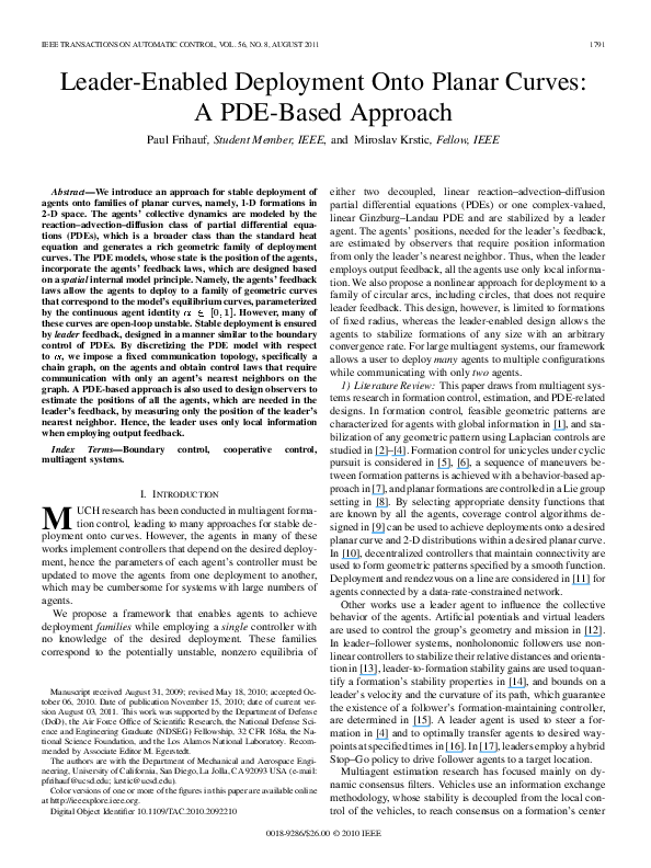 (PDF) Leader-Enabled Deployment Onto Planar Curves: A PDE-Based Approach