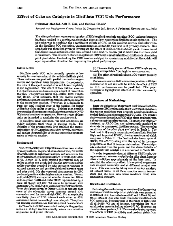 (PDF) Effect of coke on catalysts in distillate FCC unit performance