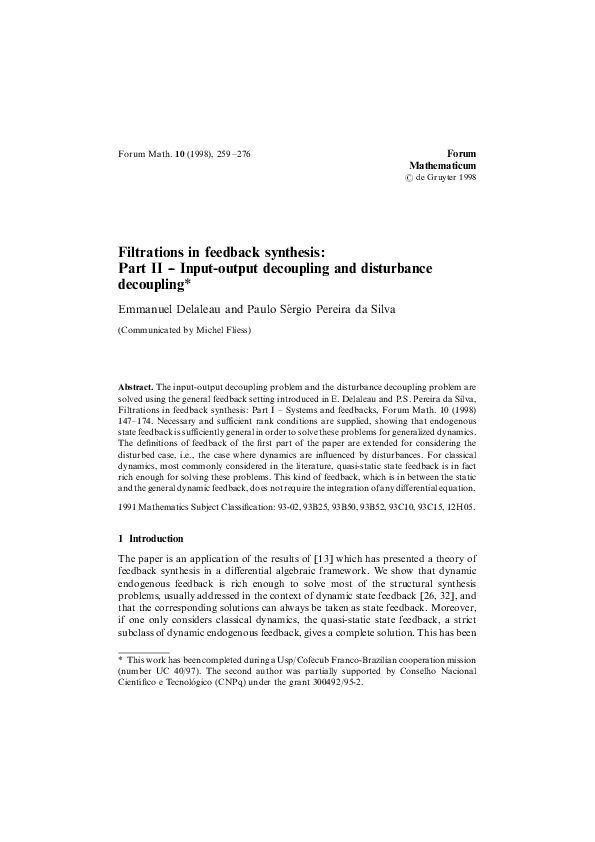 Pdf Filtrations In Feedback Synthesis Part Ii Input Output Decoupling And Disturbance