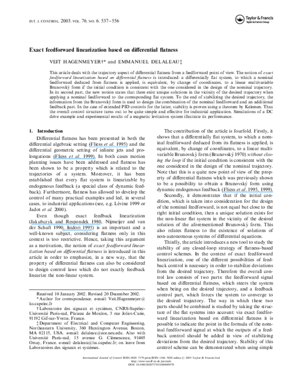 Pdf Exact Feedforward Linearization Based On Differential Flatness 2548