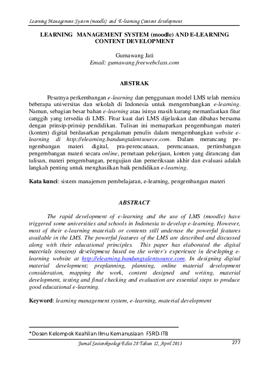 (PDF) LEARNING MANAGEMENT SYSTEM (moodle) AND E-LEARNING CONTENT ... (PDF) LEARNING MANAGEMENT SYSTEM (moodle) AND E-LEARNING CONTENT ...