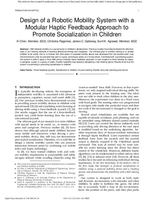 (PDF) Design of a Robotic Mobility System with a Modular Haptic Feedback Approach to Promote ...