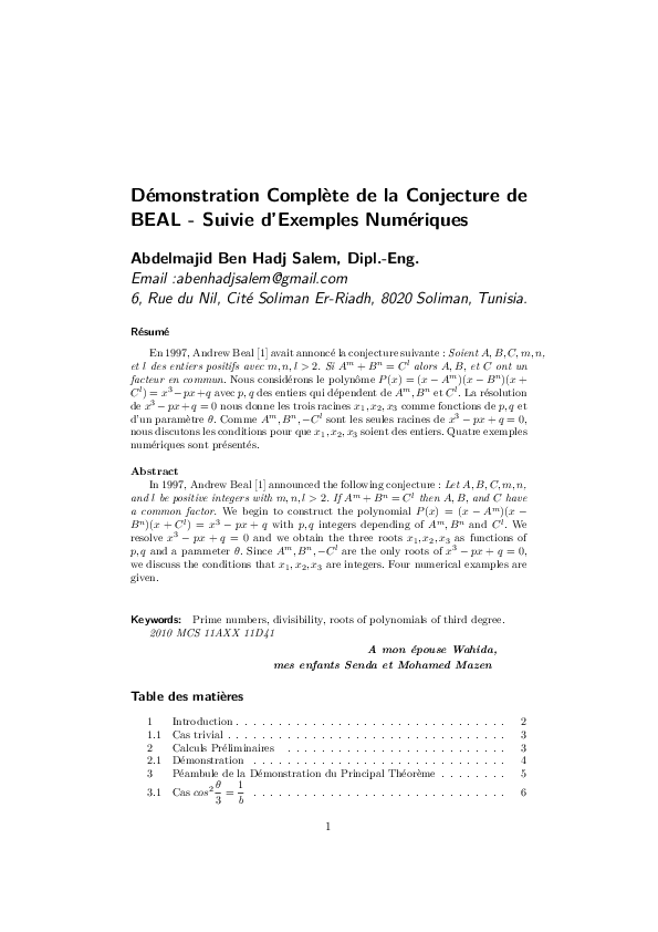 (PDF) Démonstration Complète de la Conjecture de BEAL -Suivie d ...