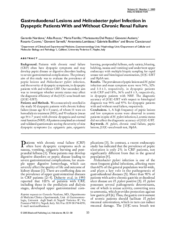(PDF) Gastroduodenal Lesions and Helicobacter pylori Infection in Dyspeptic Patients With and ...