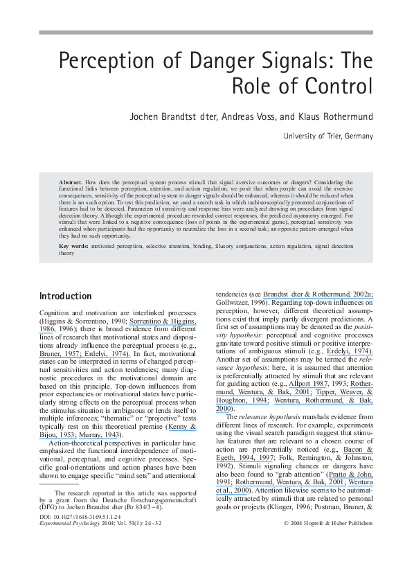 (PDF) Perception of Danger Signals: The Role of Control