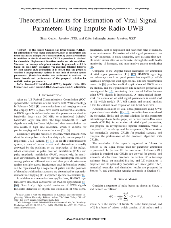(PDF) Theoretical Limits for Estimation of Vital Signal Parameters Using Impulse Radio UWB