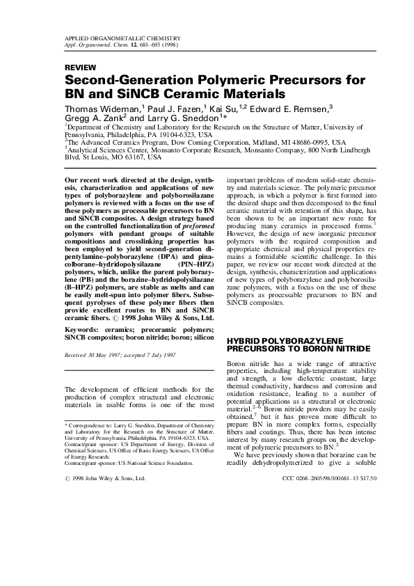 (PDF) Second-generation polymeric precursors for BN and SiNCB ceramic ...