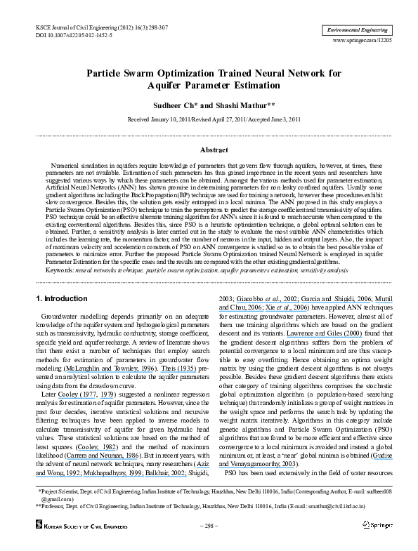 Pdf Particle Swarm Optimization Trained Neural Network For Aquifer