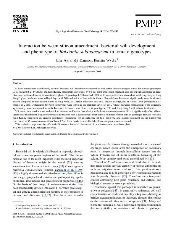 (PDF) Interaction between silicon amendment, bacterial wilt development ...