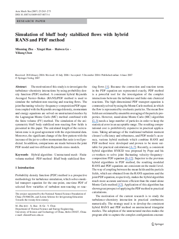 (PDF) Simulation of bluff body stabilized flows with hybrid RANS and ...