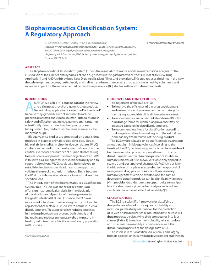(PDF) Biopharmaceutics Classification System: A Regulatory Approach