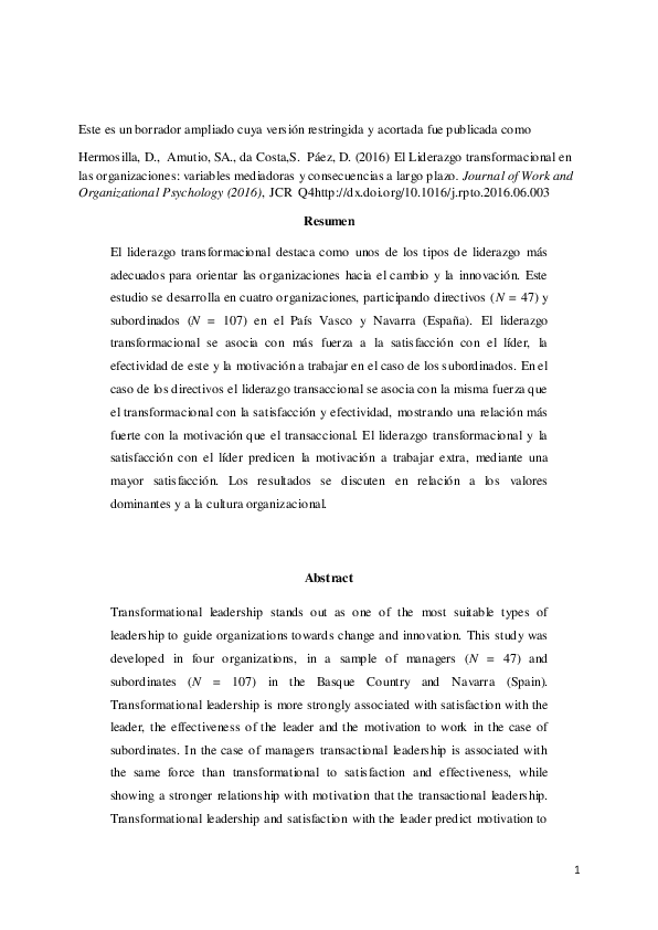 (PDF) El Liderazgo transformacional en las organizaciones: variables ...