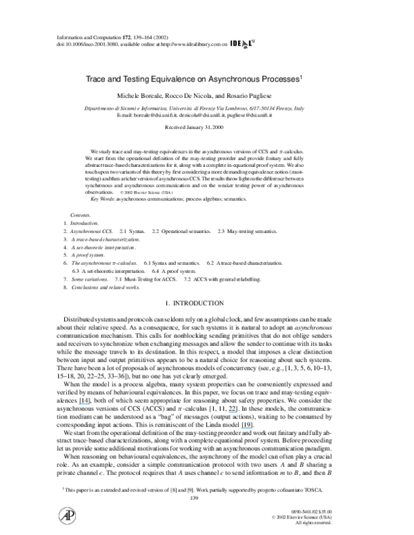 Pdf Trace And Testing Equivalence On Asynchronous Processes Rosario Pugliese