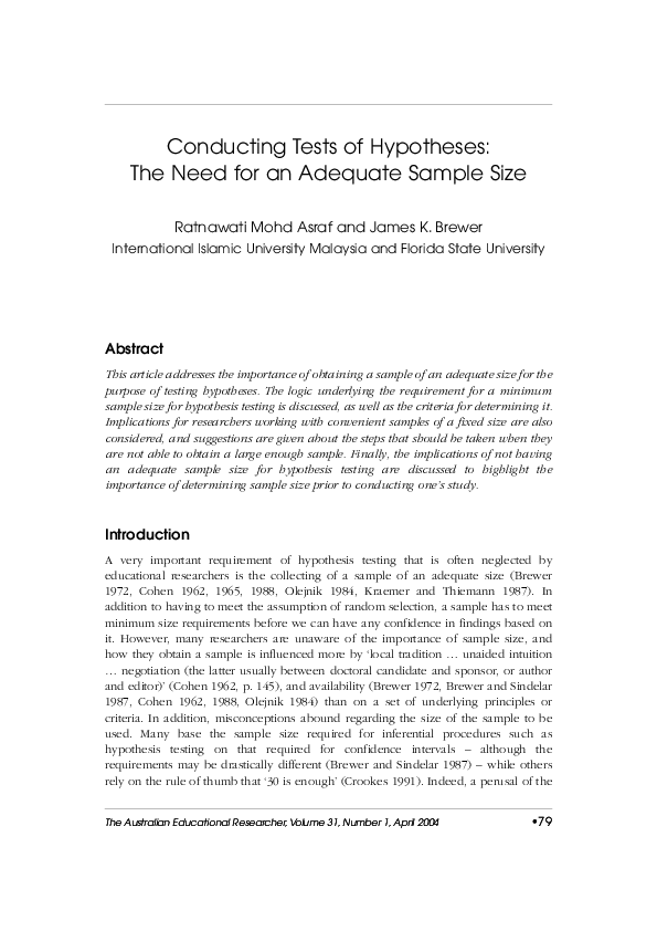 (PDF) Conducting tests of hypotheses: The need for an adequate sample size