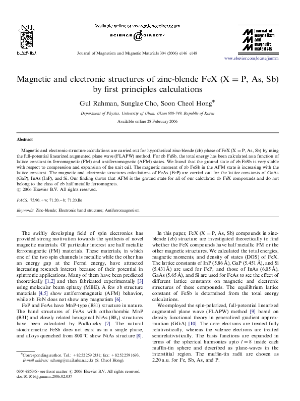 (PDF) Magnetic and electronic structures of zinc-blende FeX (X=P, As, Sb) by first principles ...
