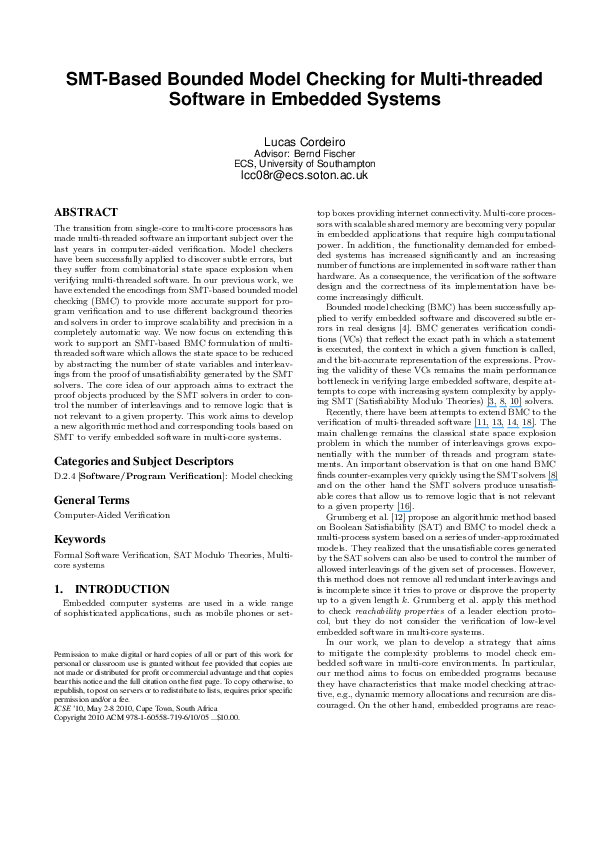 Pdf Smt Based Bounded Model Checking For Multi Threaded Software In Embedded Systems Lucas