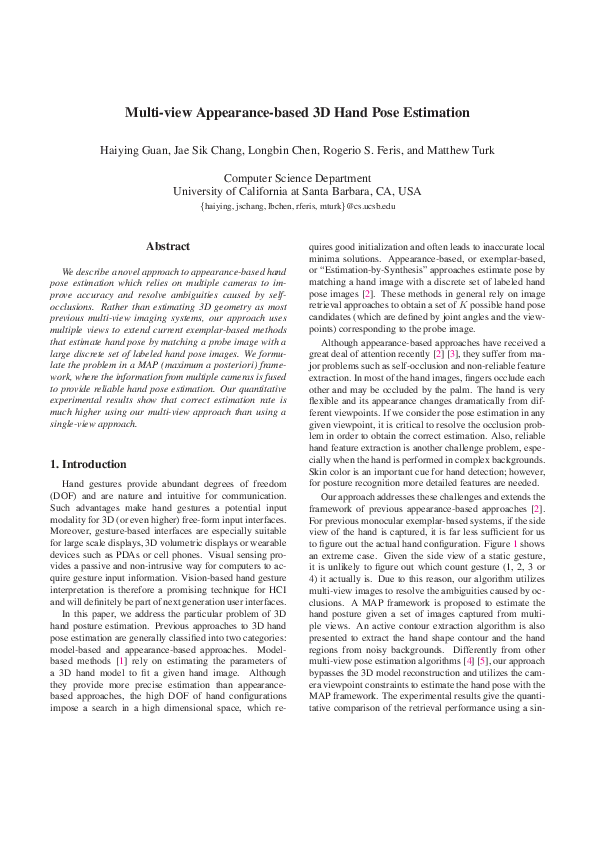 Pdf Multi View Appearance Based 3d Hand Pose Estimation