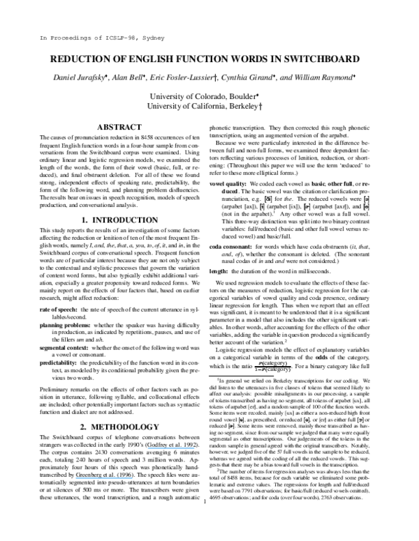 (PDF) Reduction of English function words in switchboard