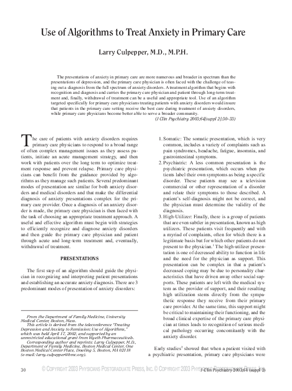 (PDF) Use of algorithms to treat anxiety in primary care