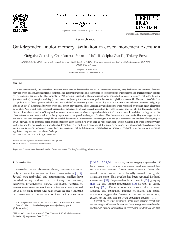 (PDF) Gait-dependent motor memory facilitation in covert movement execution