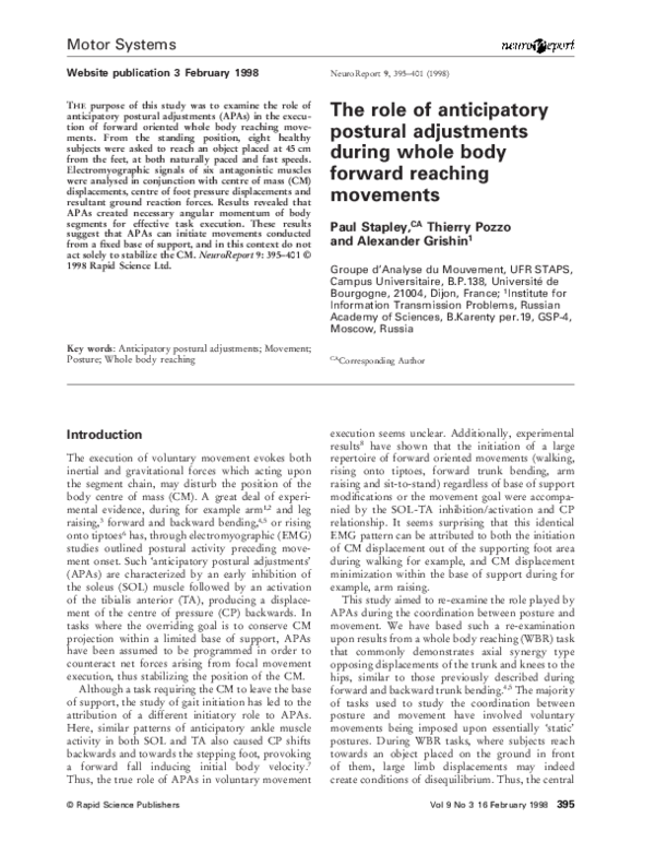 (PDF) The role of anticipatory postural adjustments during whole body ...