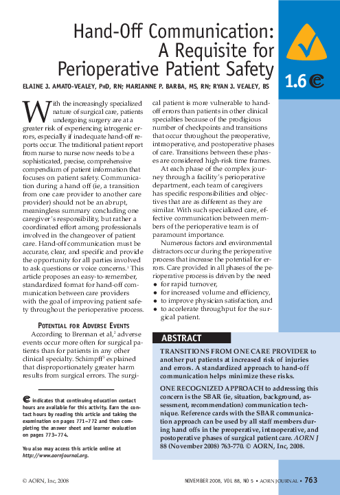 (PDF) Hand-Off Communication: A Requisite for Perioperative Patient Safety