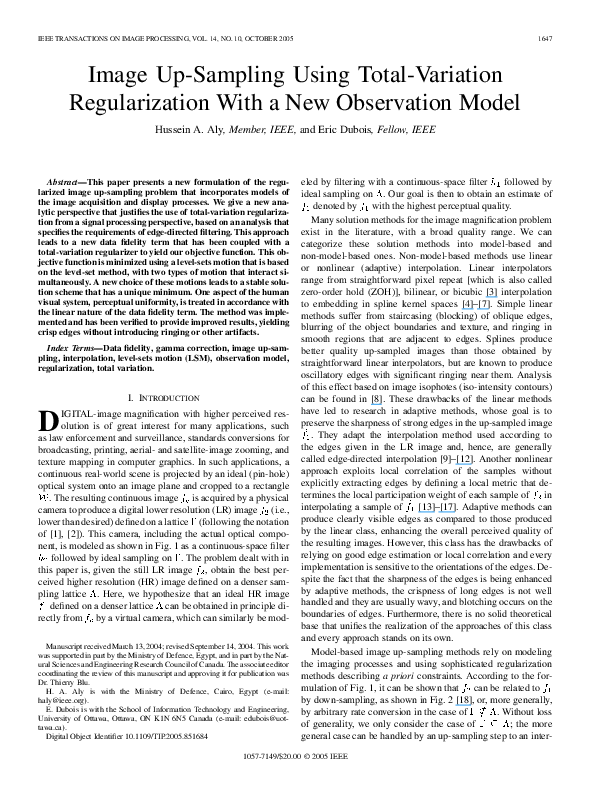 Pdf Image Up Sampling Using Total Variation Regularization With A New Observation Model Eric