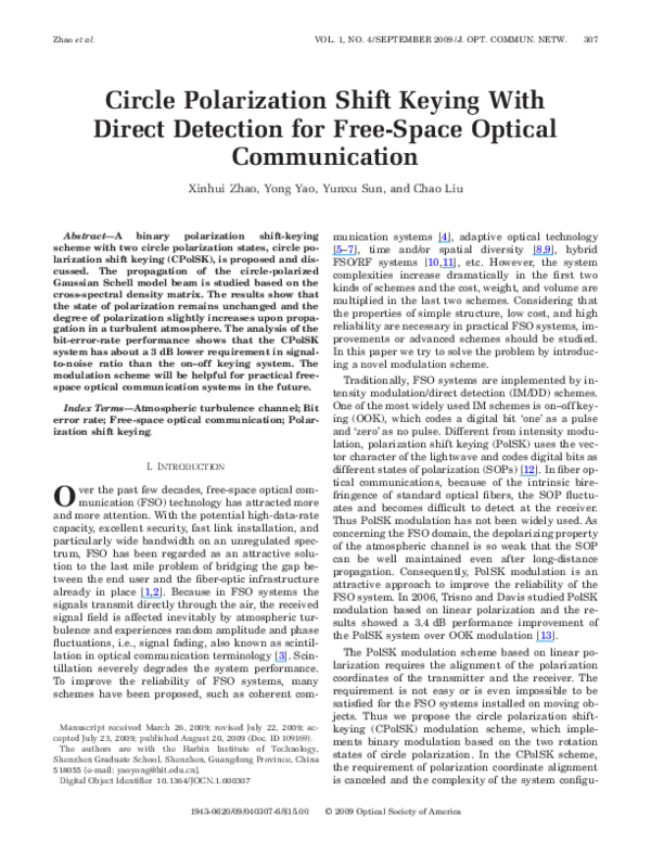 Pdf Circle Polarization Shift Keying With Direct Detection For Free Space Optical Communication