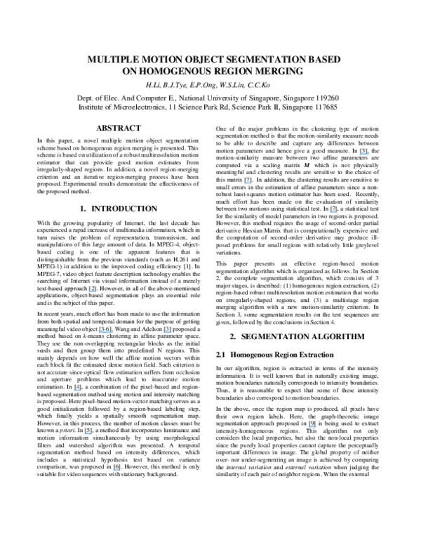 Pdf Multiple Motion Object Segmentation Based On Homogenous Region Merging 