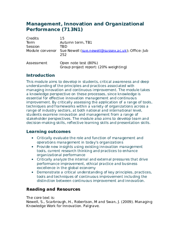 (DOC) Management, Innovation and Organizational Performance (713N1) Reading and Resources Module ...