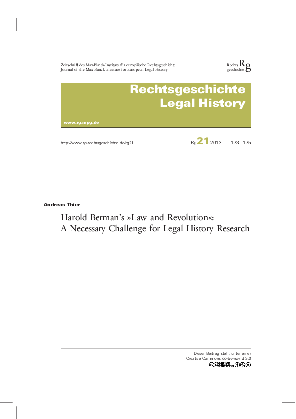 (PDF) Harold Berman’s »Law and Revolution«: A Necessary Challenge for Legal History Research