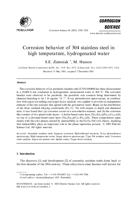 (PDF) Corrosion behavior of 304 stainless steel in high temperature, hydrogenated water