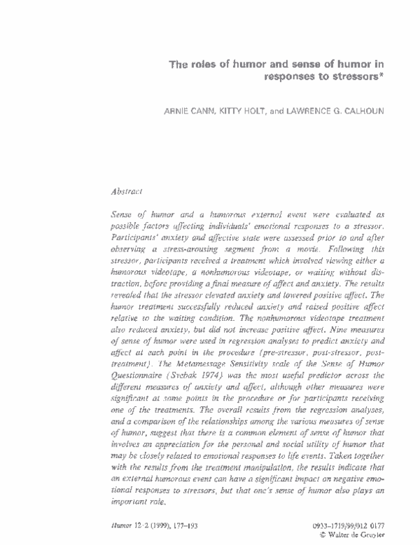 (PDF) The roles of humor and sense of humor in responses to stressors