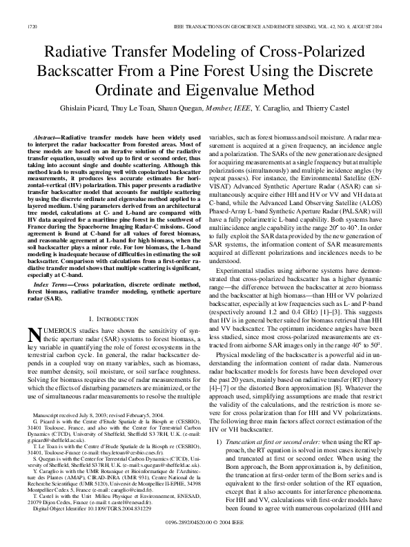 (PDF) Radiative transfer modeling of cross-polarized backscatter from a pine forest using the ...