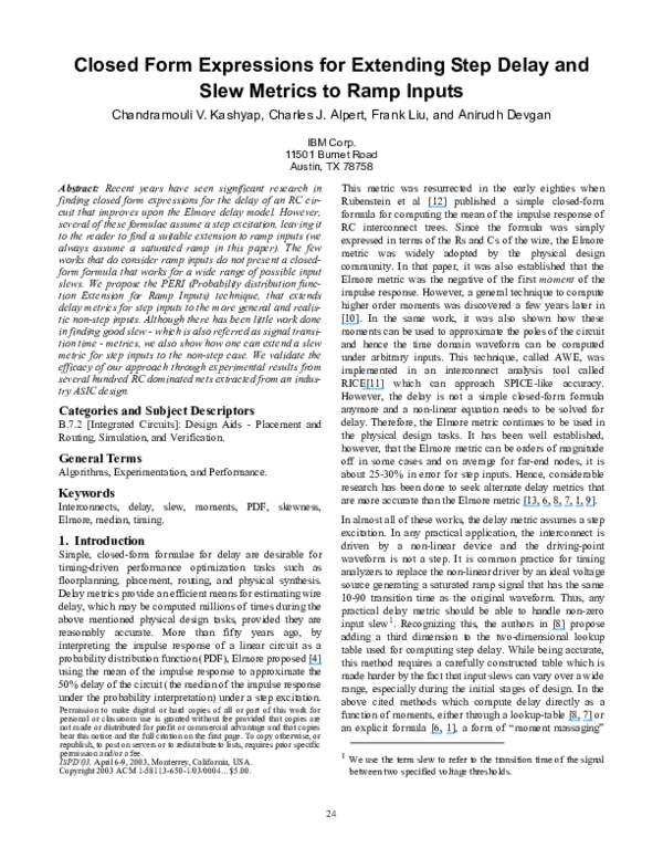 (PDF) Closed-form expressions for extending step delay and slew metrics to ramp inputs for RC trees