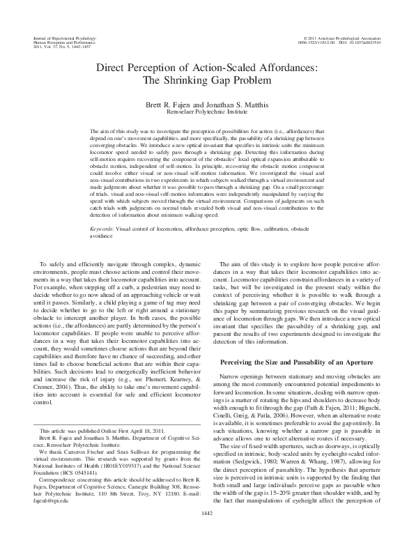 (PDF) Direct Perception of Action-Scaled Affordances: The Shrinking Gap ...