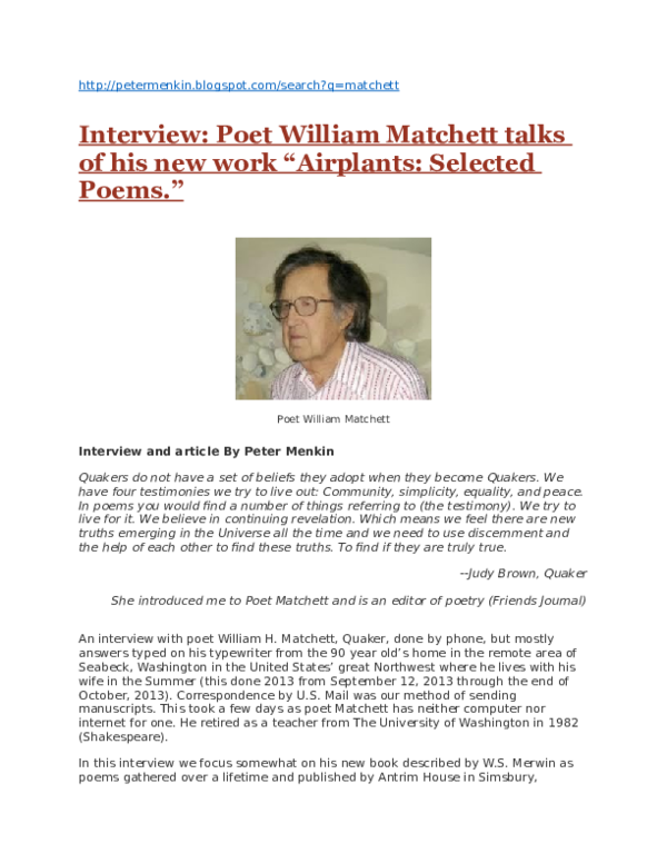 (DOC) Interview: Poet William Matchett talks of his new work ...