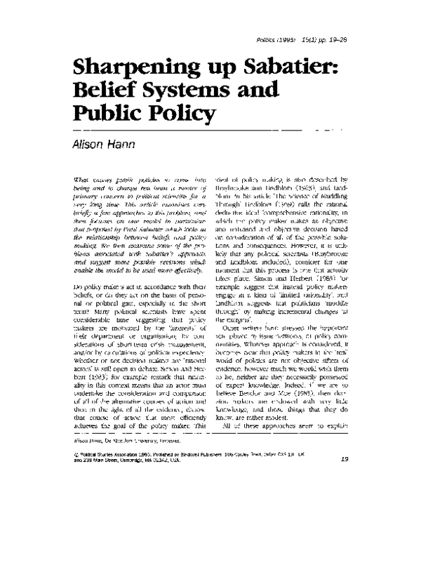 (PDF) Sharpening up Sabatier: Belief Systems and Public Policy