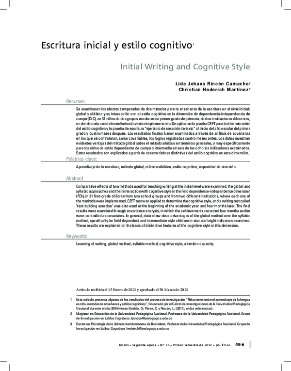 (PDF) Initial Writing and Cognitive Style